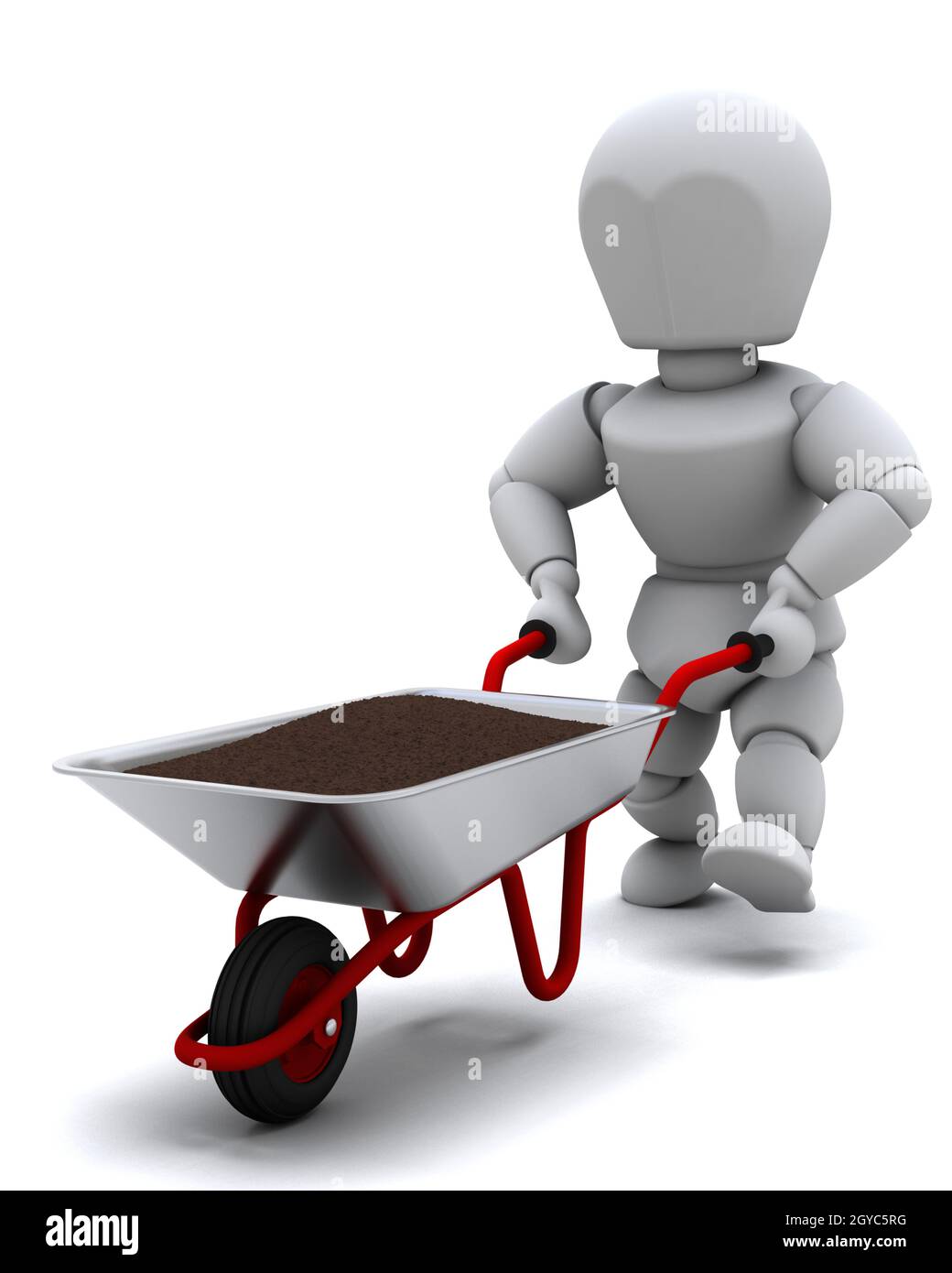 3D render of a gardener with a wheel barrow carrying soil Stock Photo ...