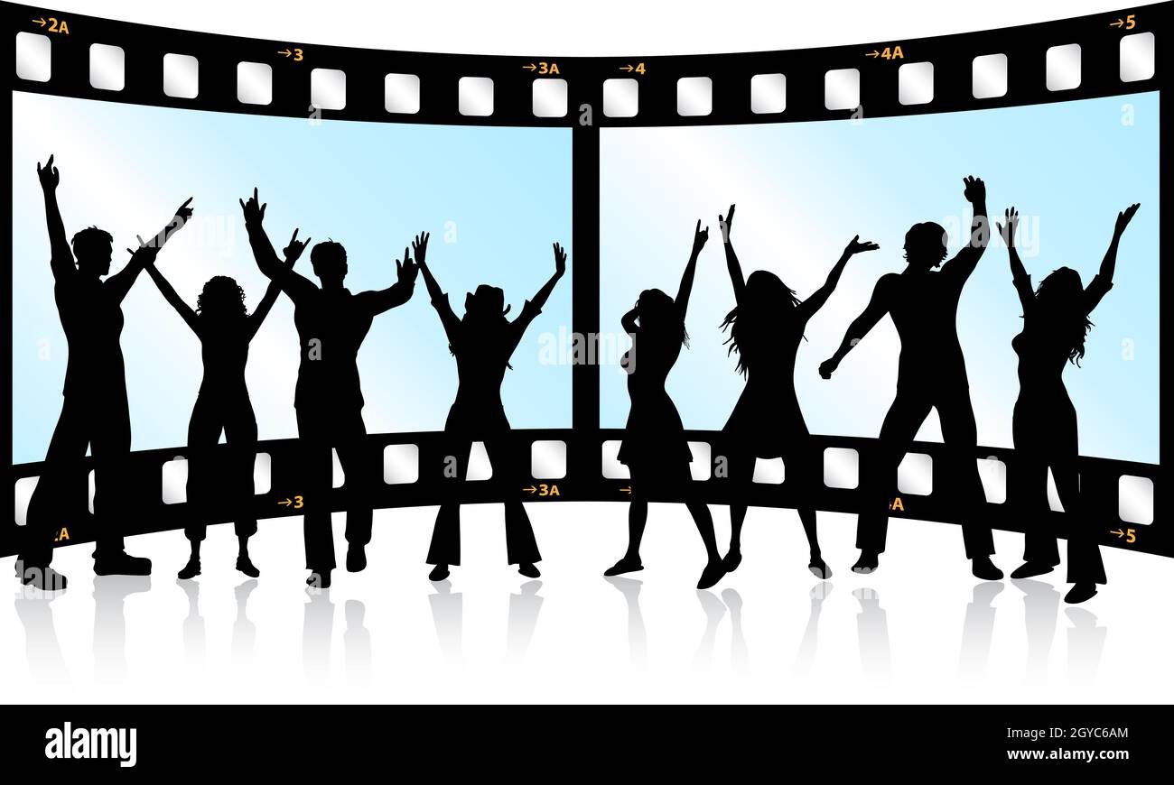 Silhouettes of people dancing on film strip background Stock Photo - Alamy