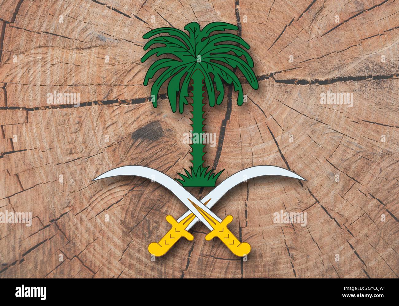 Coat of arms of Saudi Arabia, wooden background Stock Photo - Alamy