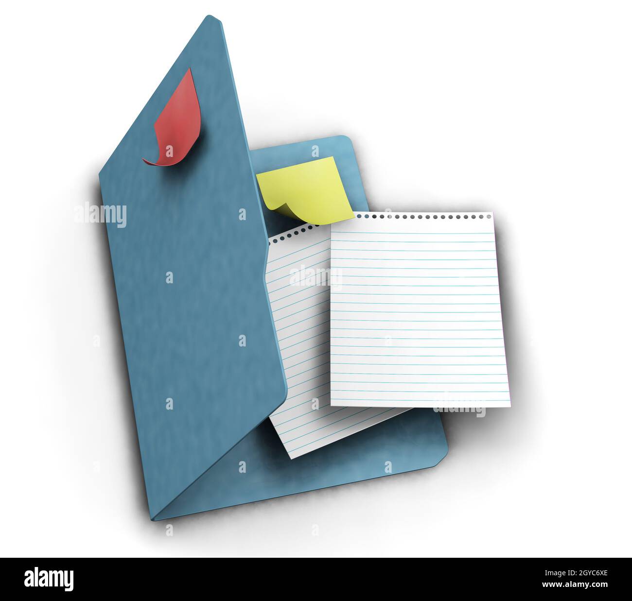 3D render of a folder, post-it notes and sheets of lined paper Stock ...
