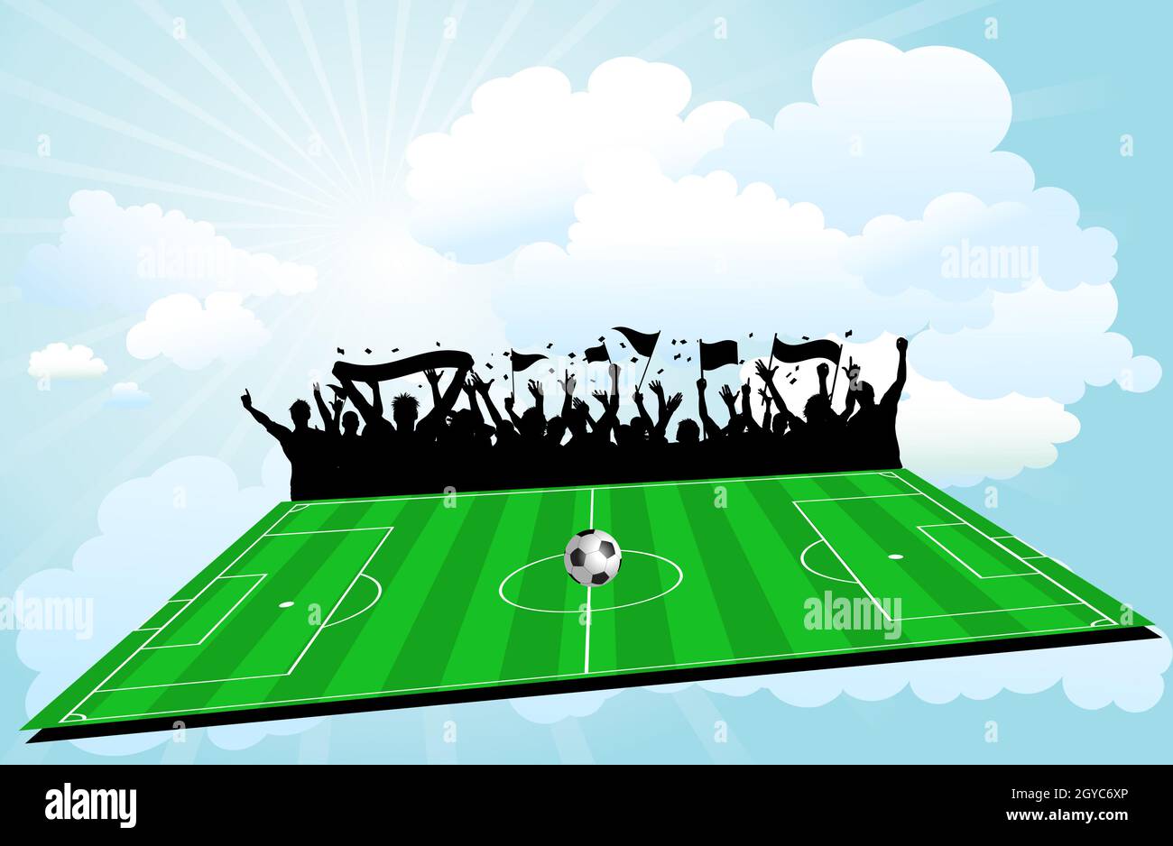 Football pitch background with cheering crowd against a blue sky Stock ...