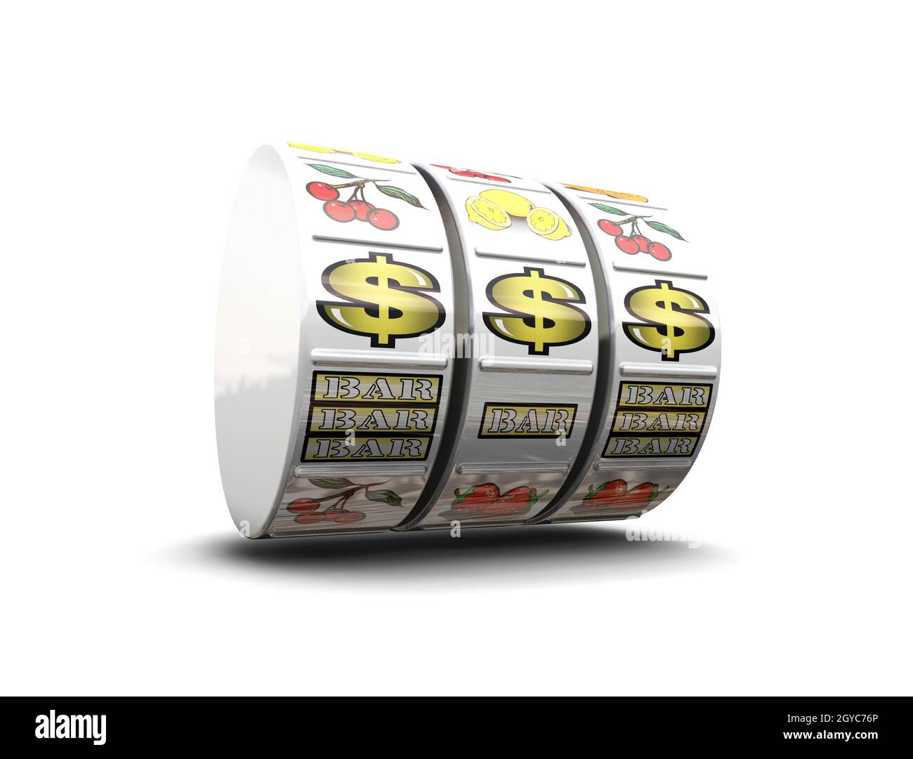 3D render of fruit machine reels showing jackpot winning line Stock ...