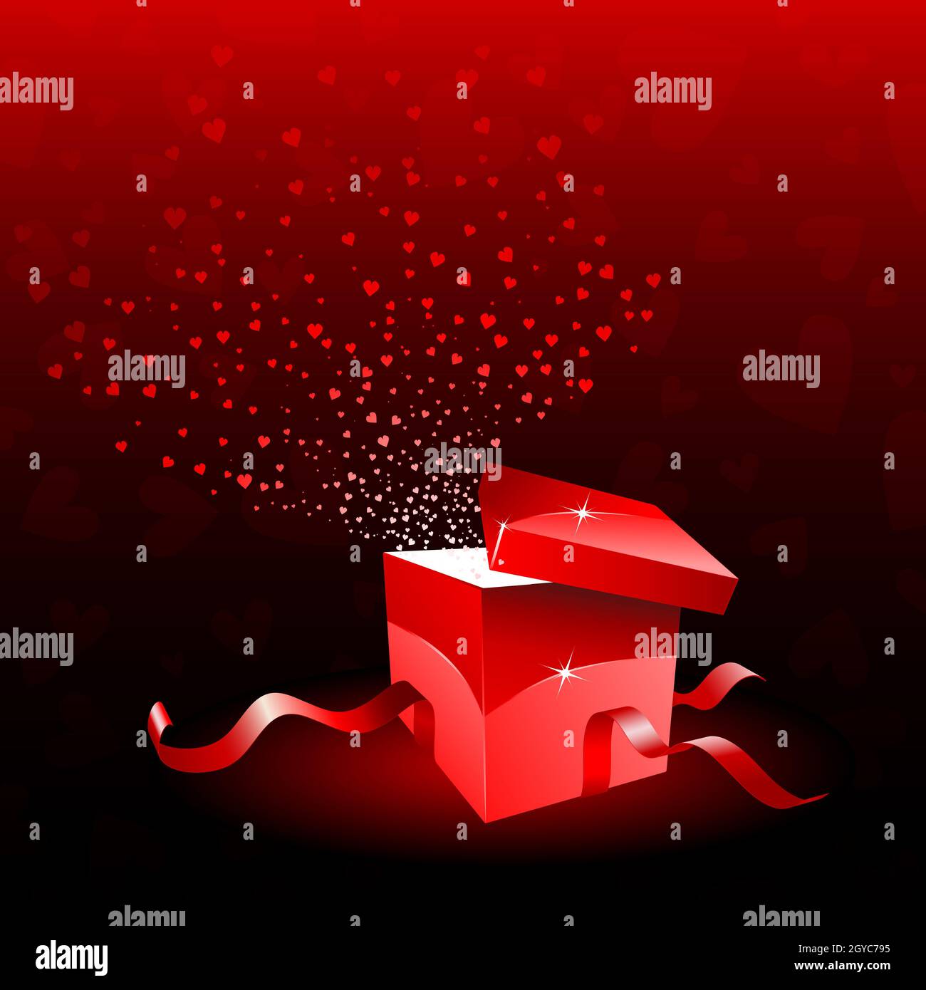 Open gift box with hearts bursting out of it Stock Photo - Alamy