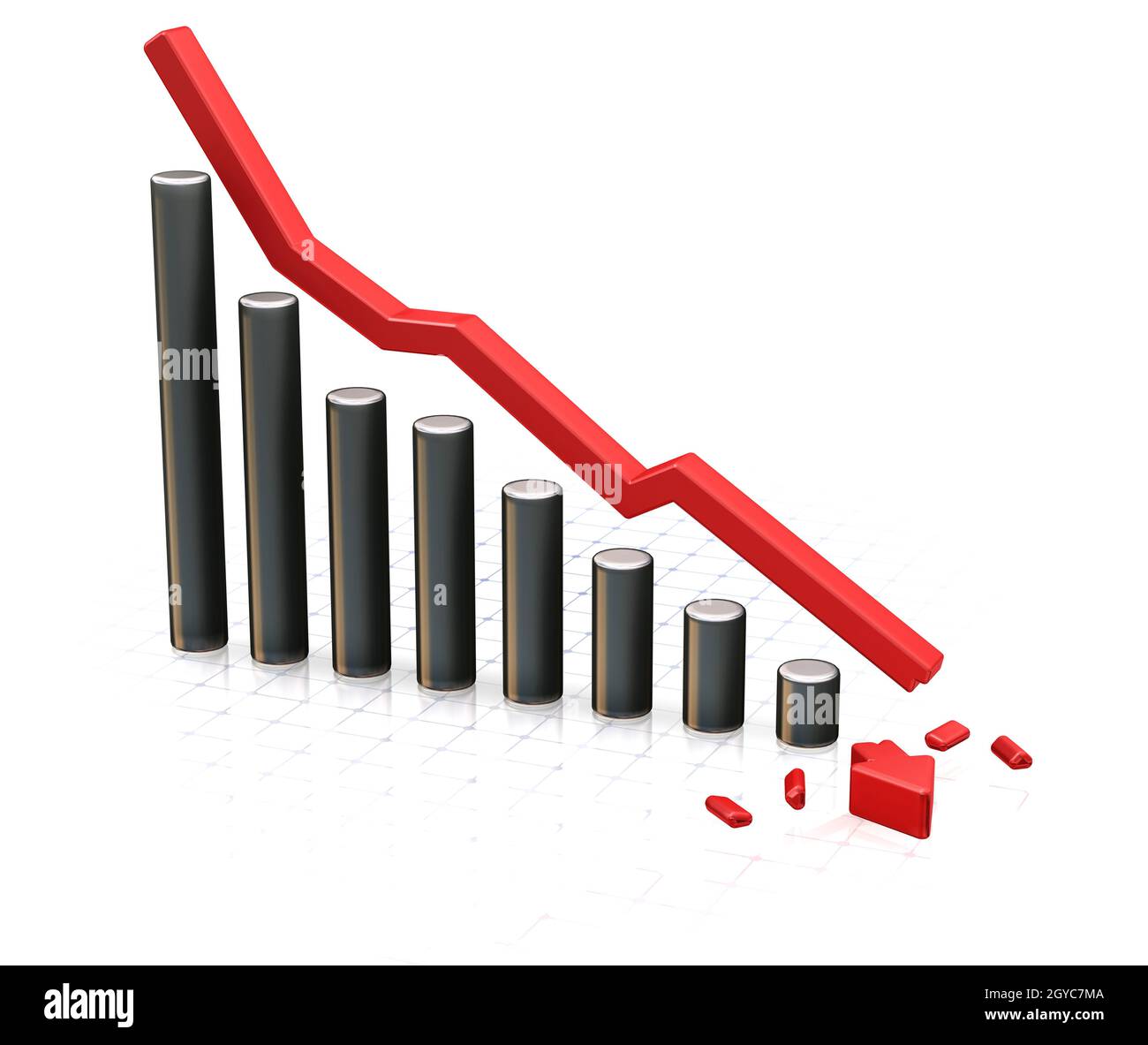 3D render of a chart showing falling profits with fading grid on the ...