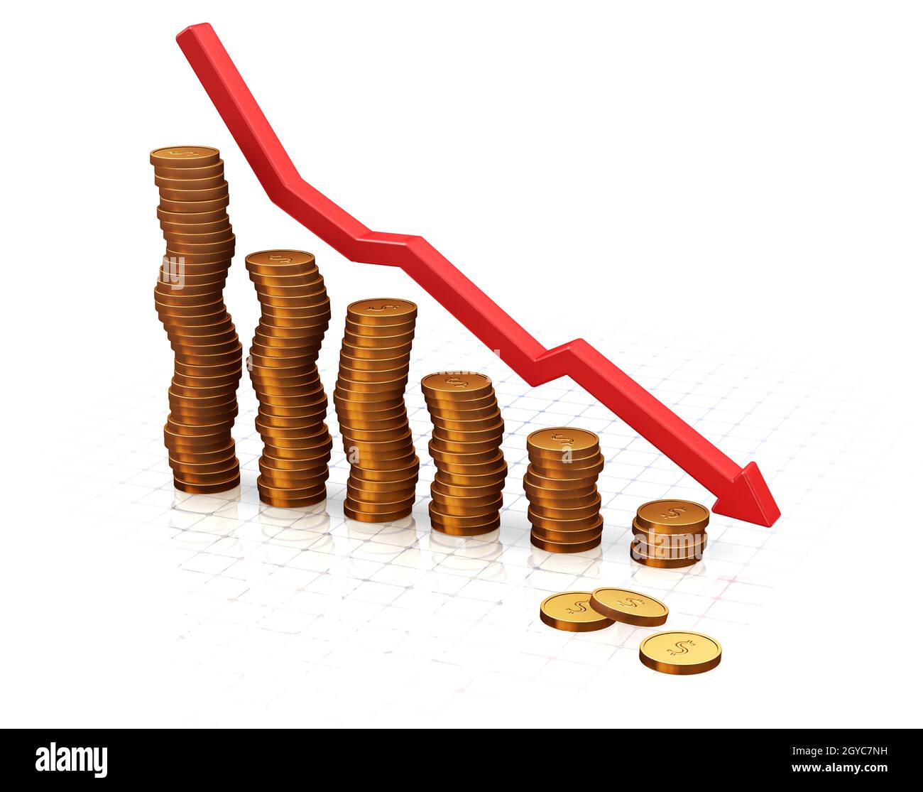 3D render of a chart showing falling profits with fading out grid on ...