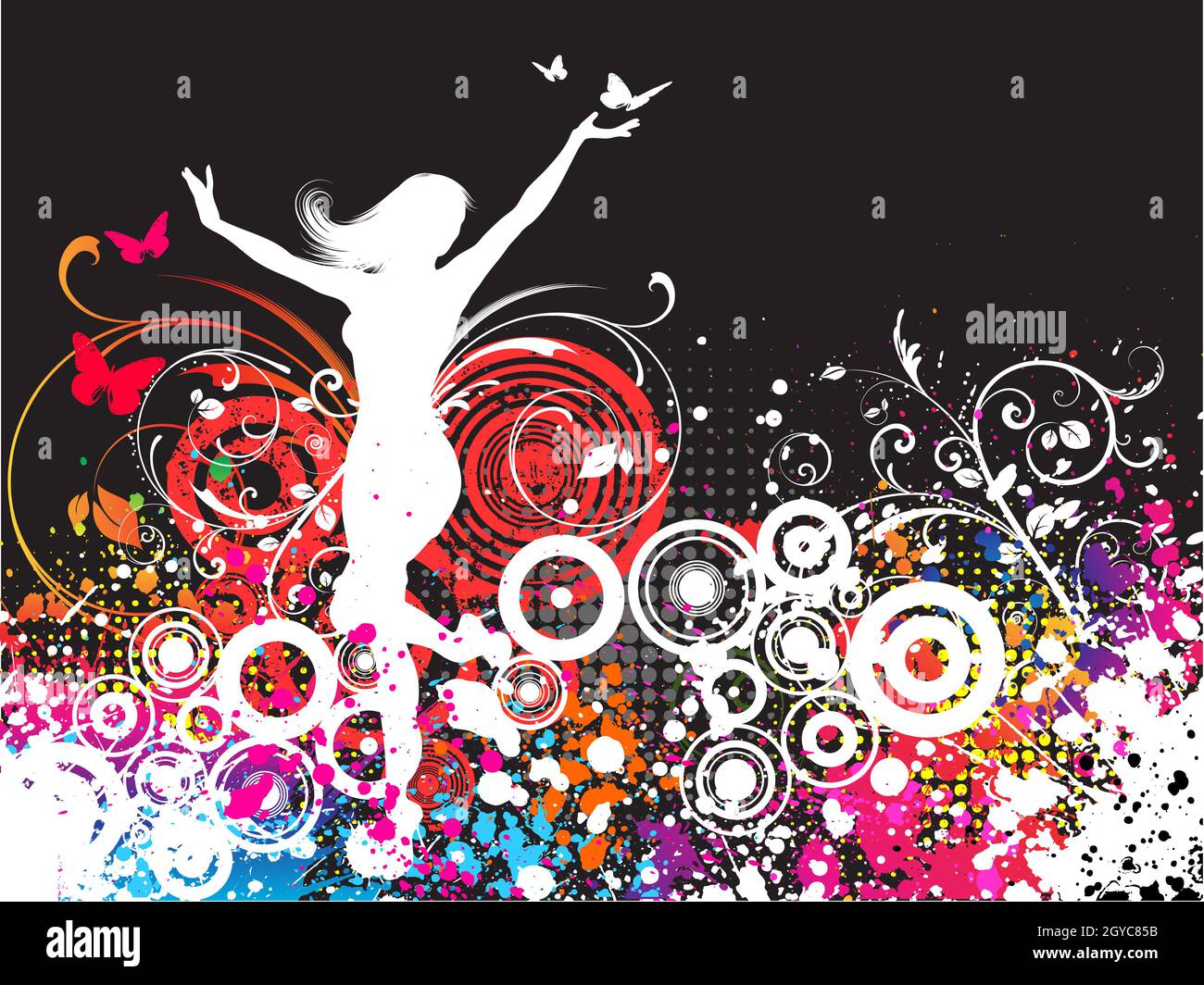 Silhouette of a female dancing on a chaotic grunge background Stock ...