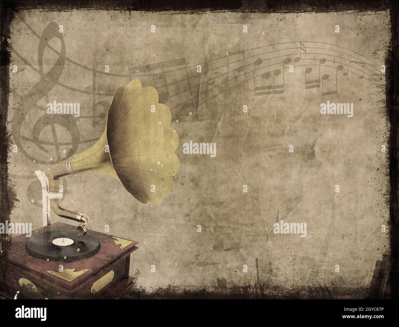 Dirty grunge background with old gramophone and music notes Stock Photo ...