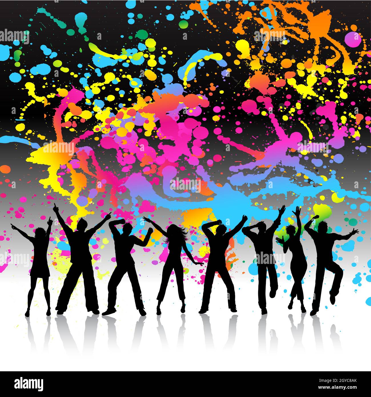 Silhouettes of people dancing on a grunge splatter background Stock ...