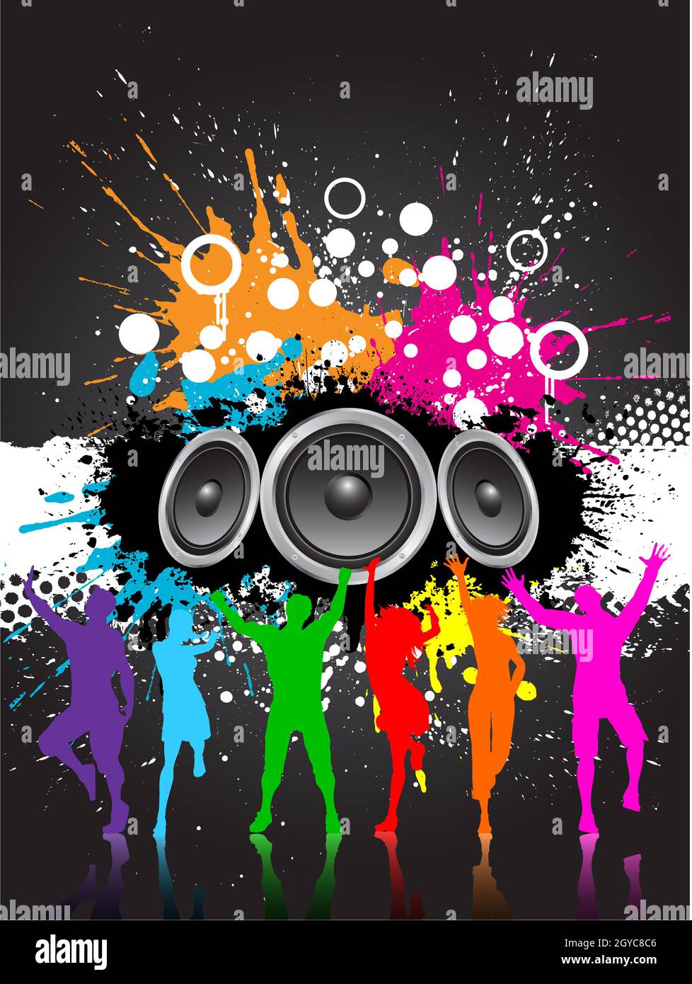 Grunge style music background with speakers and colourful silhouettes ...
