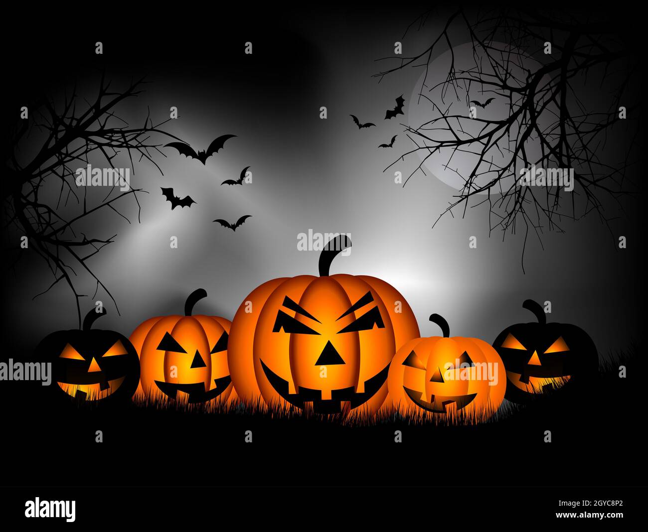 Spooky Halloween background with pumpkins and bats Stock Photo - Alamy
