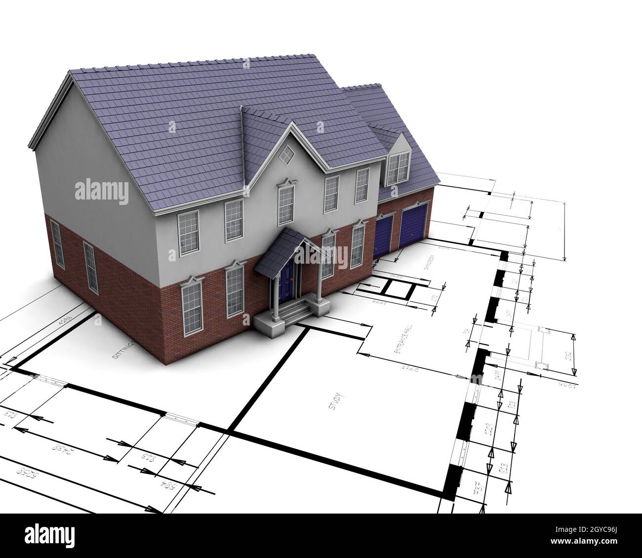 3D render of a house on plans Stock Photo - Alamy