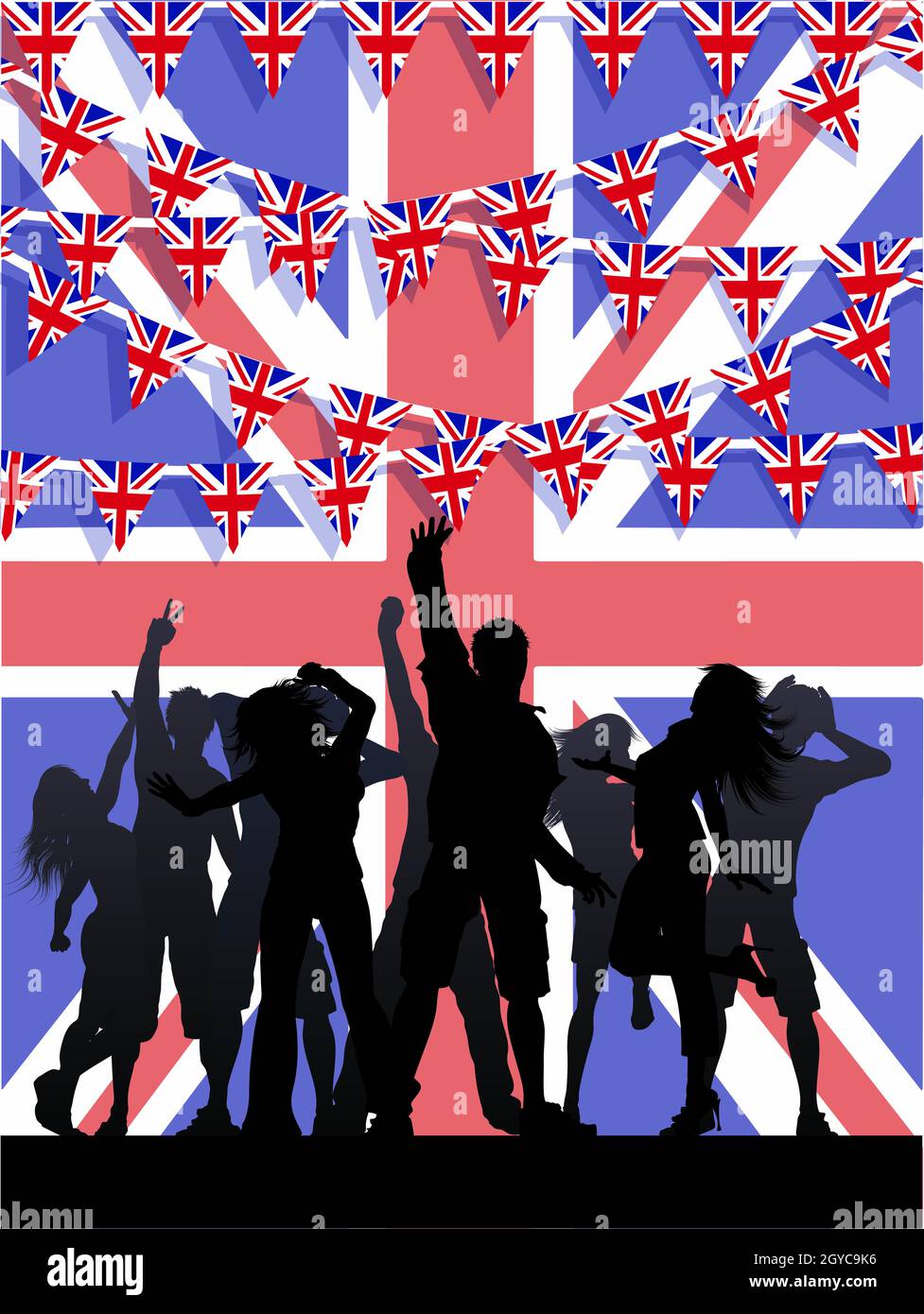 Silhouette of party people on a Union Jack flag background with bunting ...