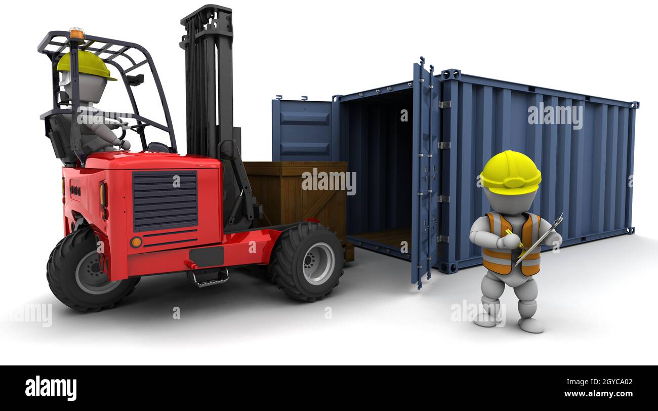 3d render of man in forklift truck loading a container Stock Photo - Alamy