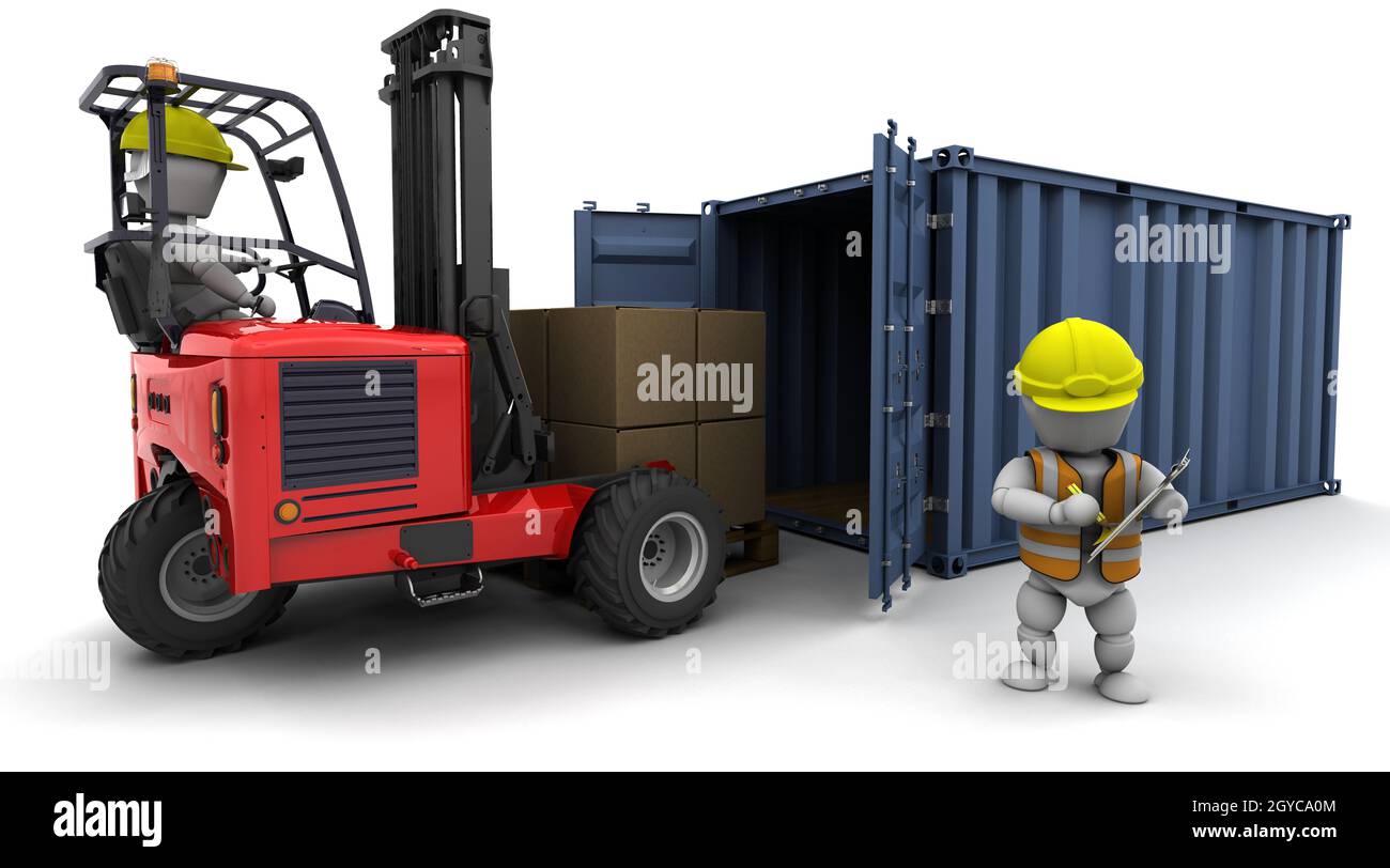 3d render of man in forklift truck loading a container Stock Photo - Alamy
