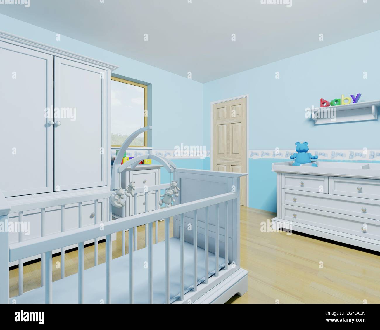 3D render of a nursery for a baby boy Stock Photo - Alamy