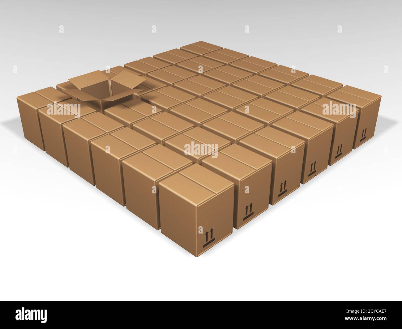 One open brown box amongst lots of close ones Stock Photo - Alamy
