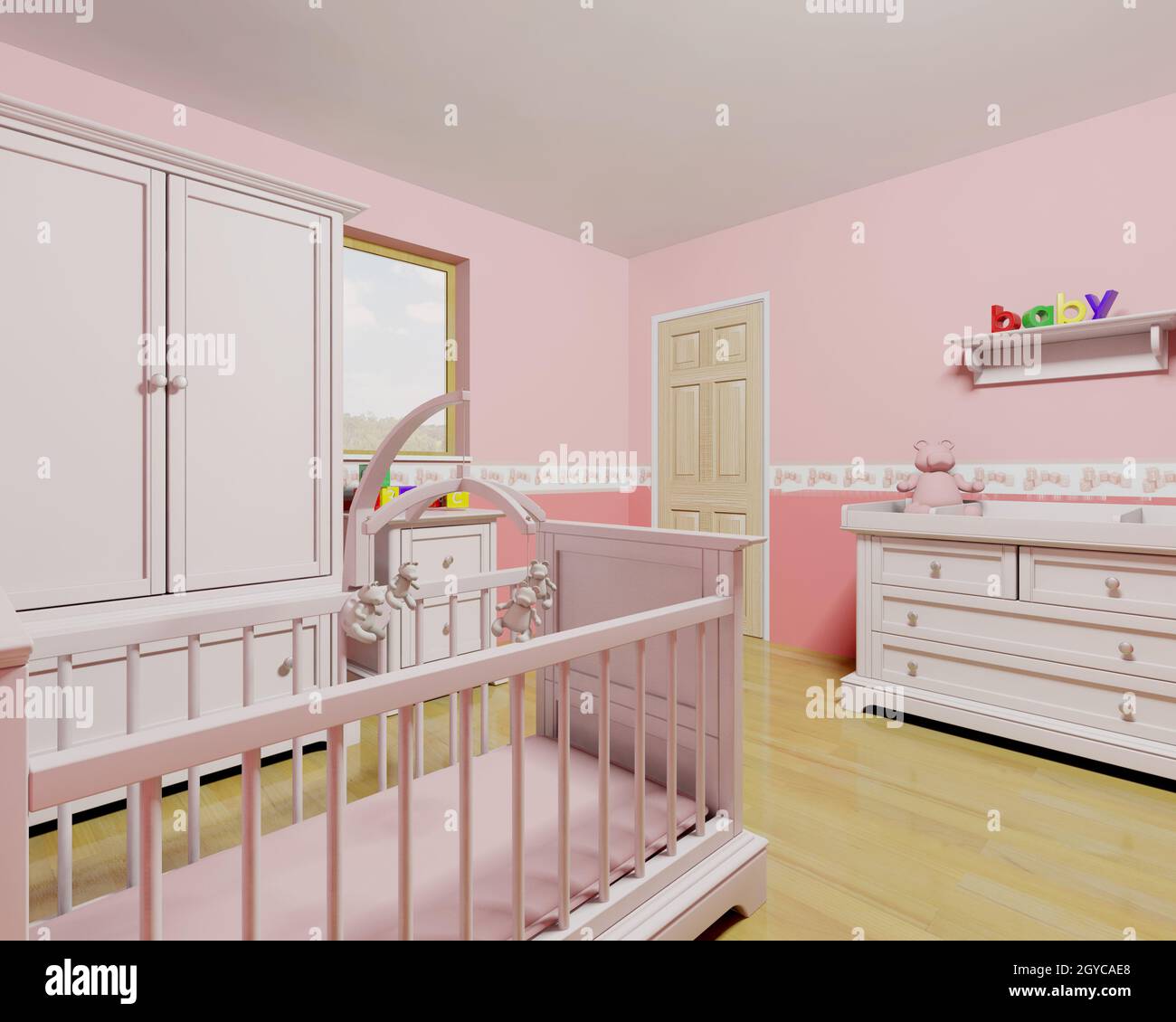 3D render of a nursery for a baby girl Stock Photo - Alamy