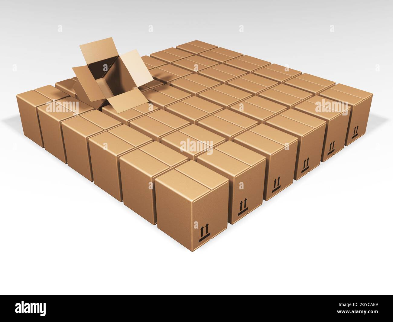One open brown box amongst lots of closed ones Stock Photo - Alamy