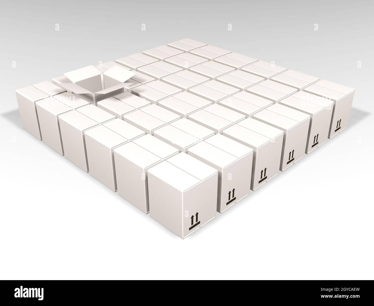 3D render of lots of white boxes with one open Stock Photo - Alamy
