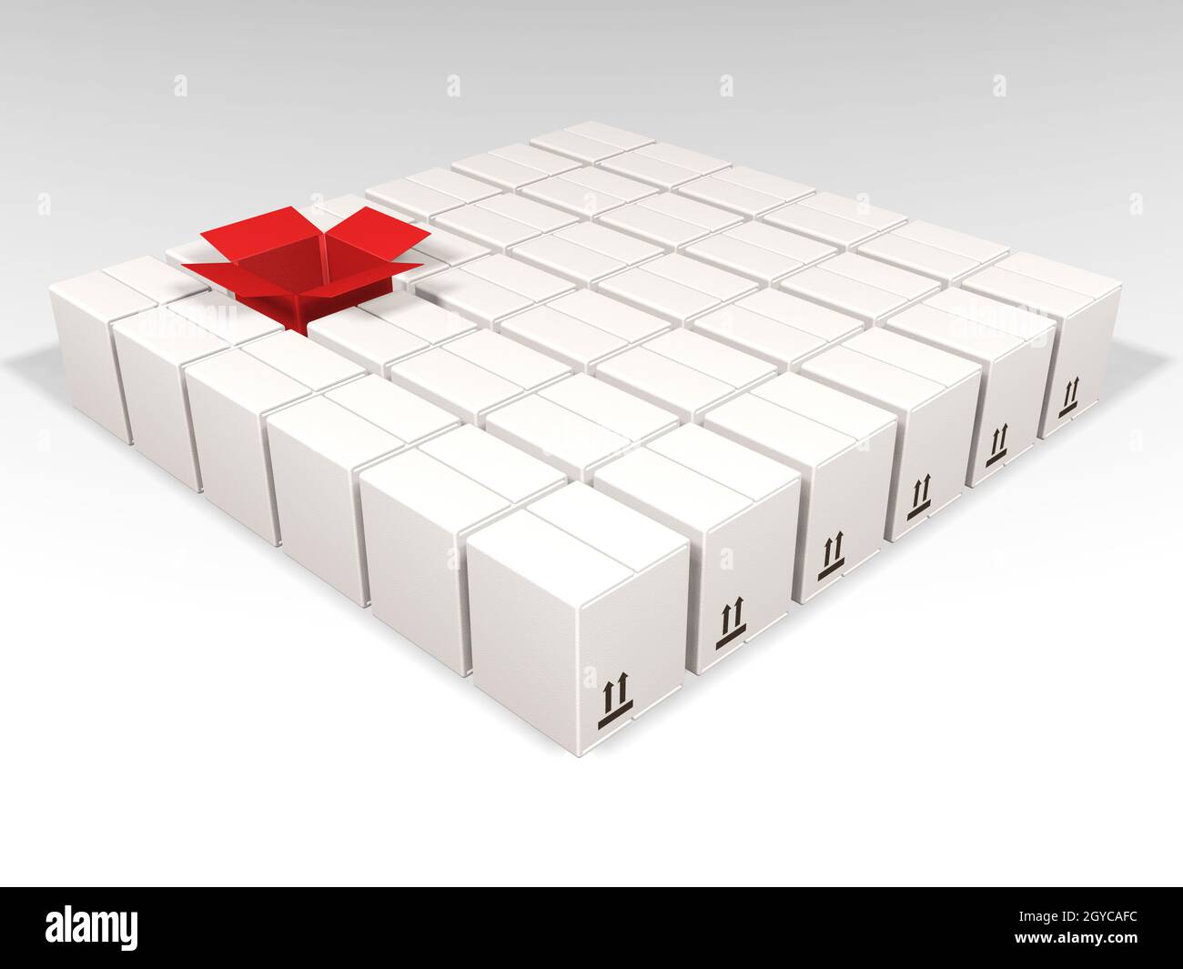 One open red box amongst many white boxes Stock Photo - Alamy