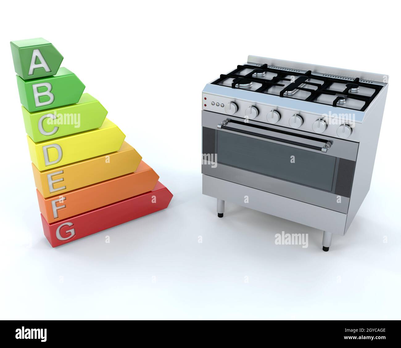 3D Render of a Range Cooker and Energy Ratings Stock Photo - Alamy