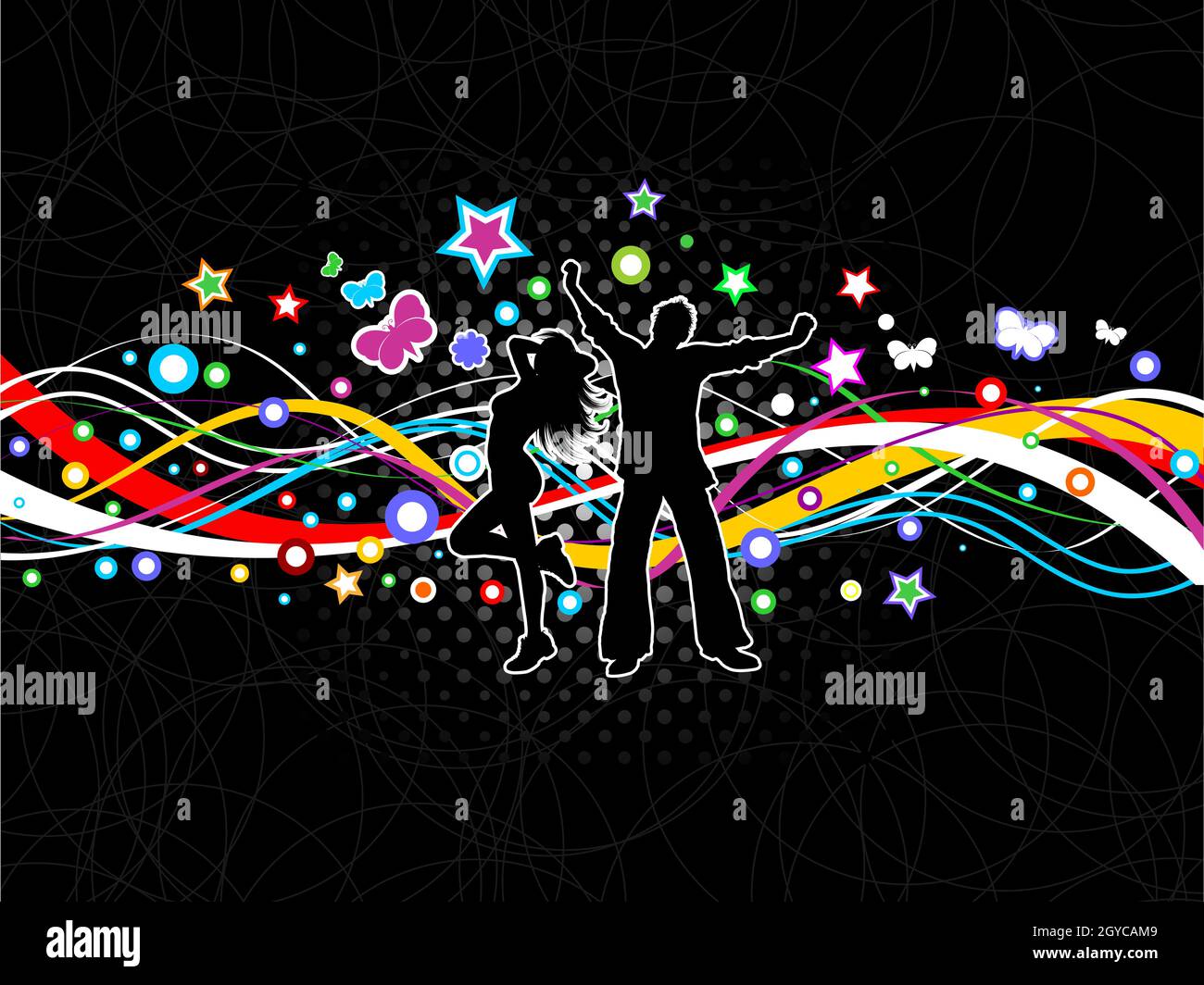 Silhouettes of people dancing on a colourful abstract background Stock ...