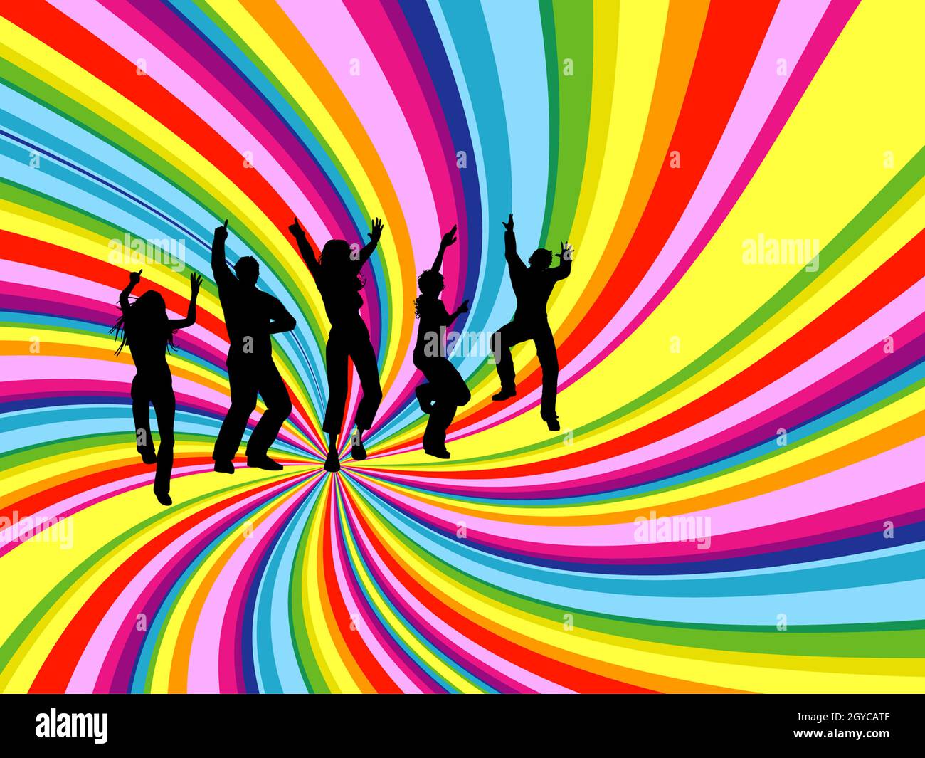 Silhouettes of people dancing on rainbow twirl background Stock Photo ...