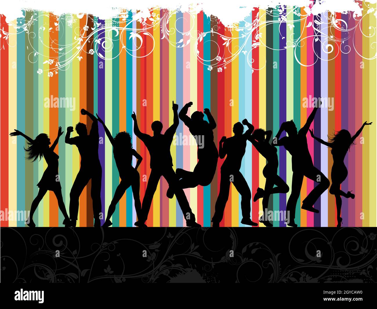Silhouettes of people dancing on a floral grunge background Stock Photo ...