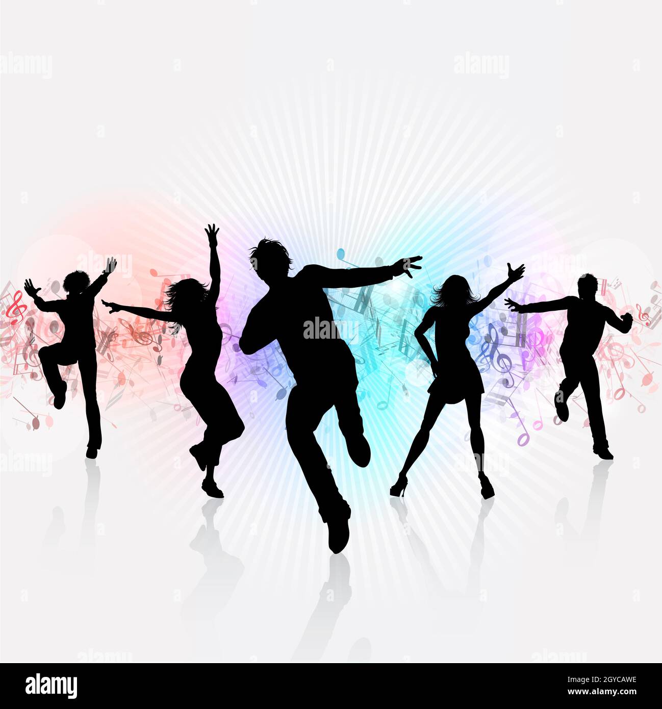 Silhouettes of people dancing on a music notes background Stock Photo ...