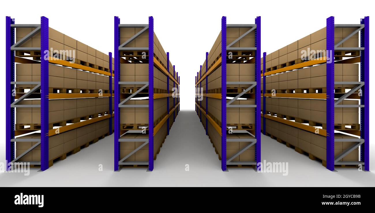 3D render of racking full of boxes Stock Photo - Alamy