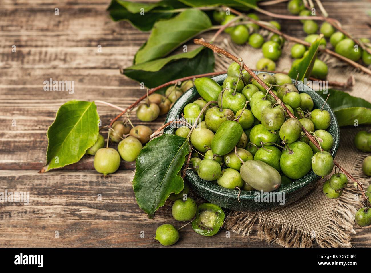 Harvest of ripe Actinidia arguta kiwi in a ceramic bowl. Branches of ...