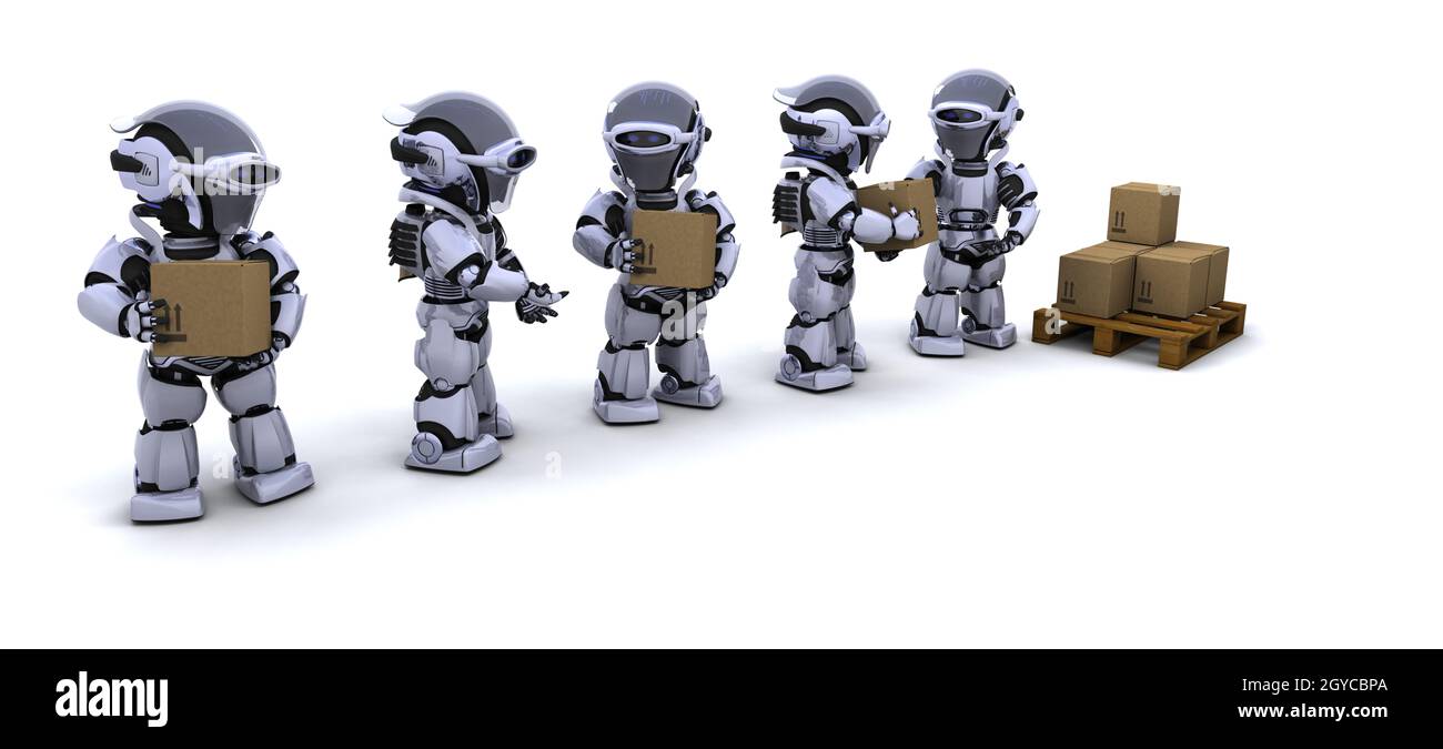 3D render of a robots moving shipping boxes Stock Photo - Alamy
