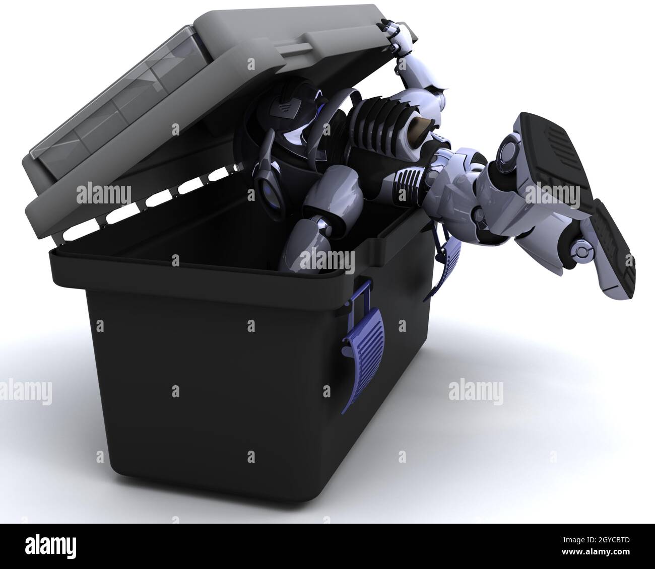 3D render of robot searching a toolbox Stock Photo - Alamy
