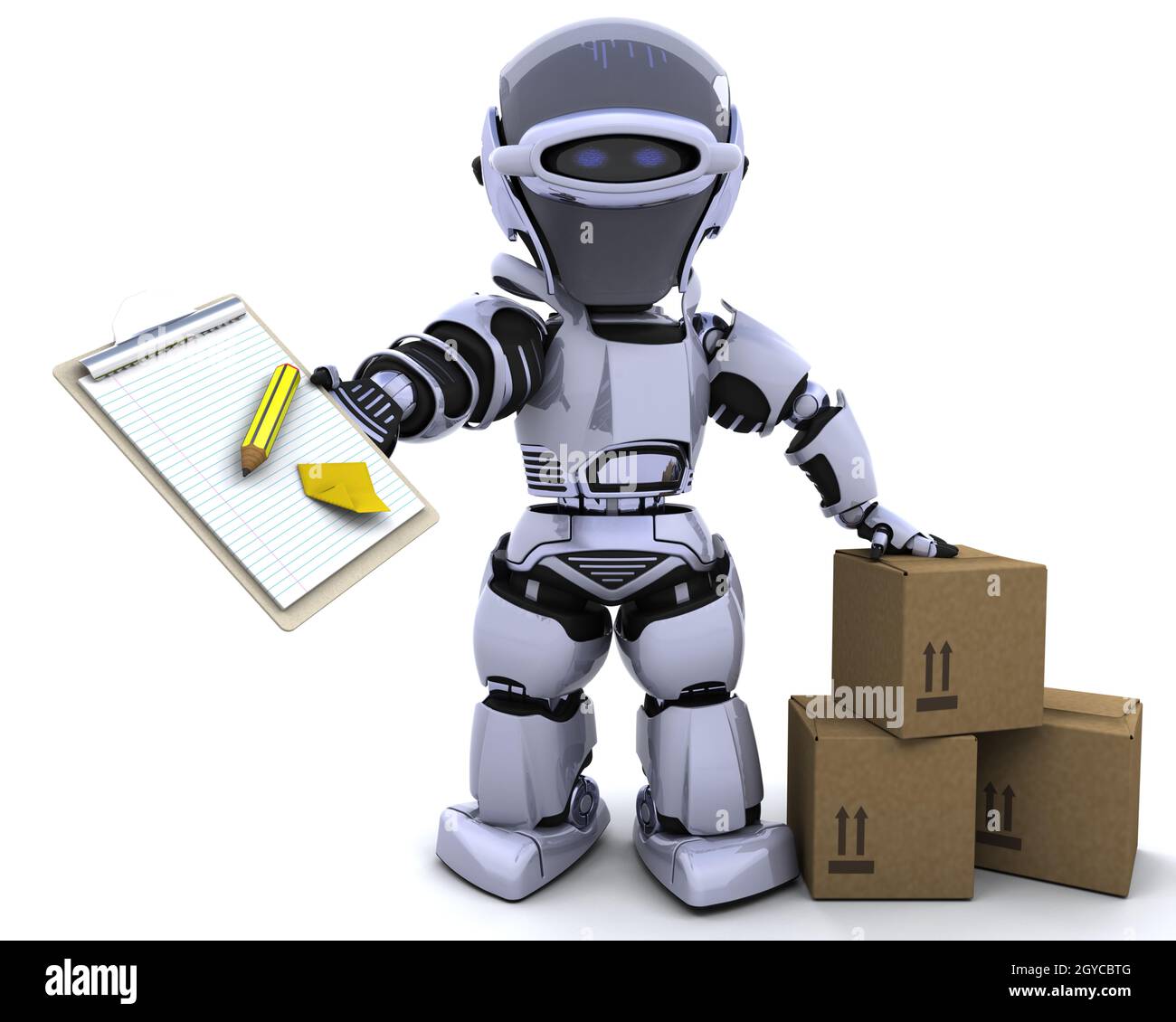 3D render of a robot with clipboard and boxes Stock Photo - Alamy