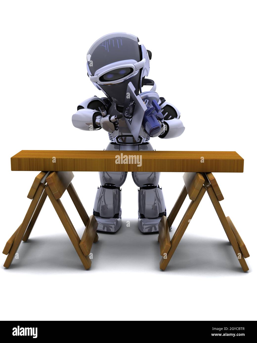 3D render of robot with power saw cutting wood Stock Photo - Alamy