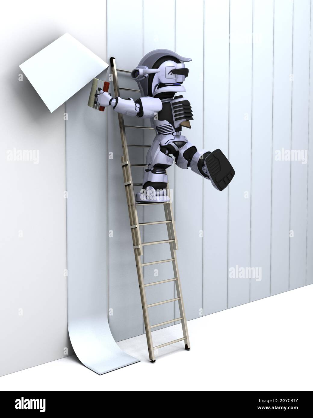3D render of robot decorating a wall Stock Photo - Alamy