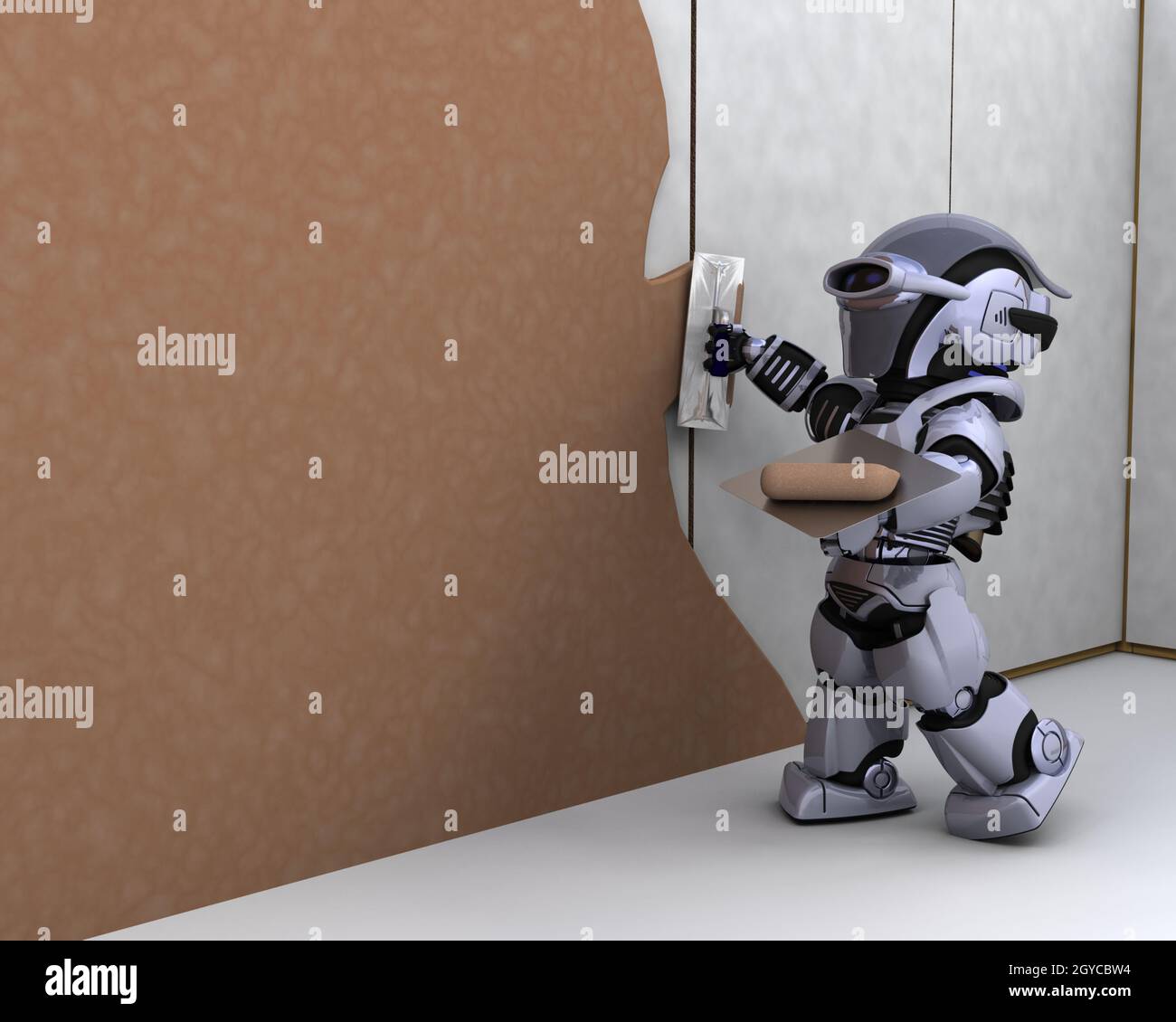3D render of robot robot contractor building a drywall Stock Photo - Alamy