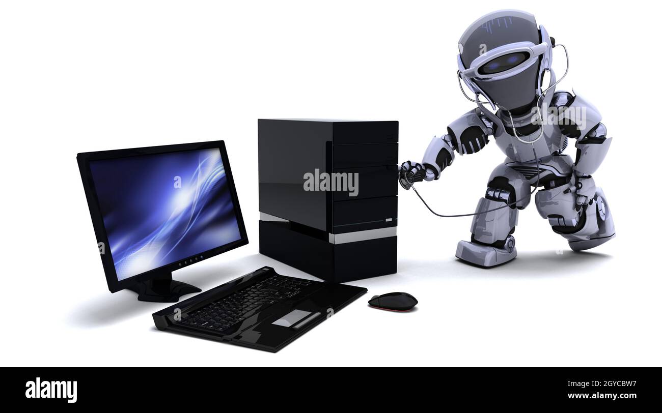 3D render of robot with computer and stethoscope Stock Photo - Alamy