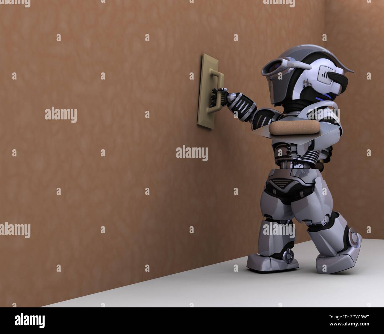 3D render of robot contractor plastering a drywall Stock Photo - Alamy