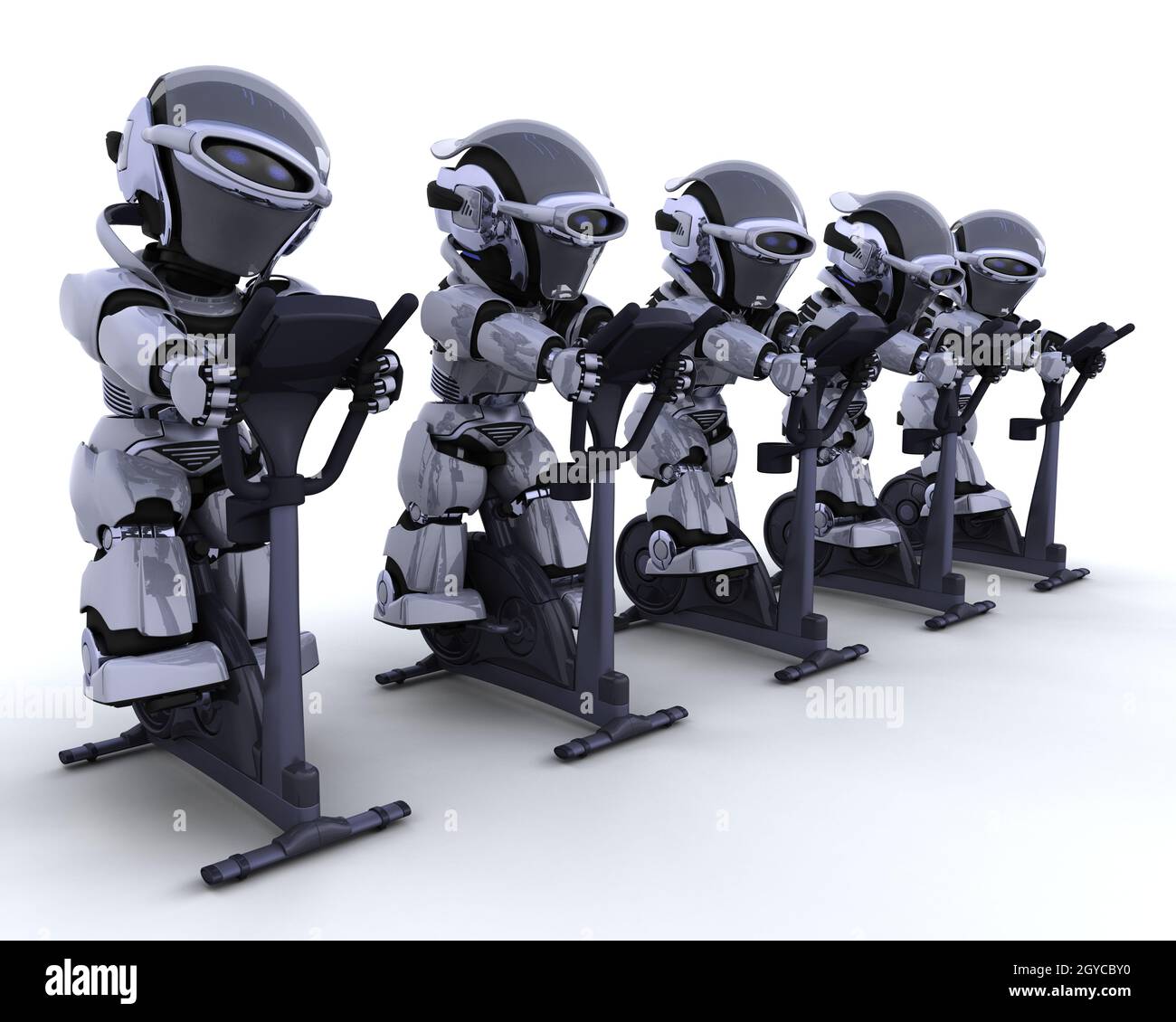3D render of robots on exercises bike Stock Photo - Alamy