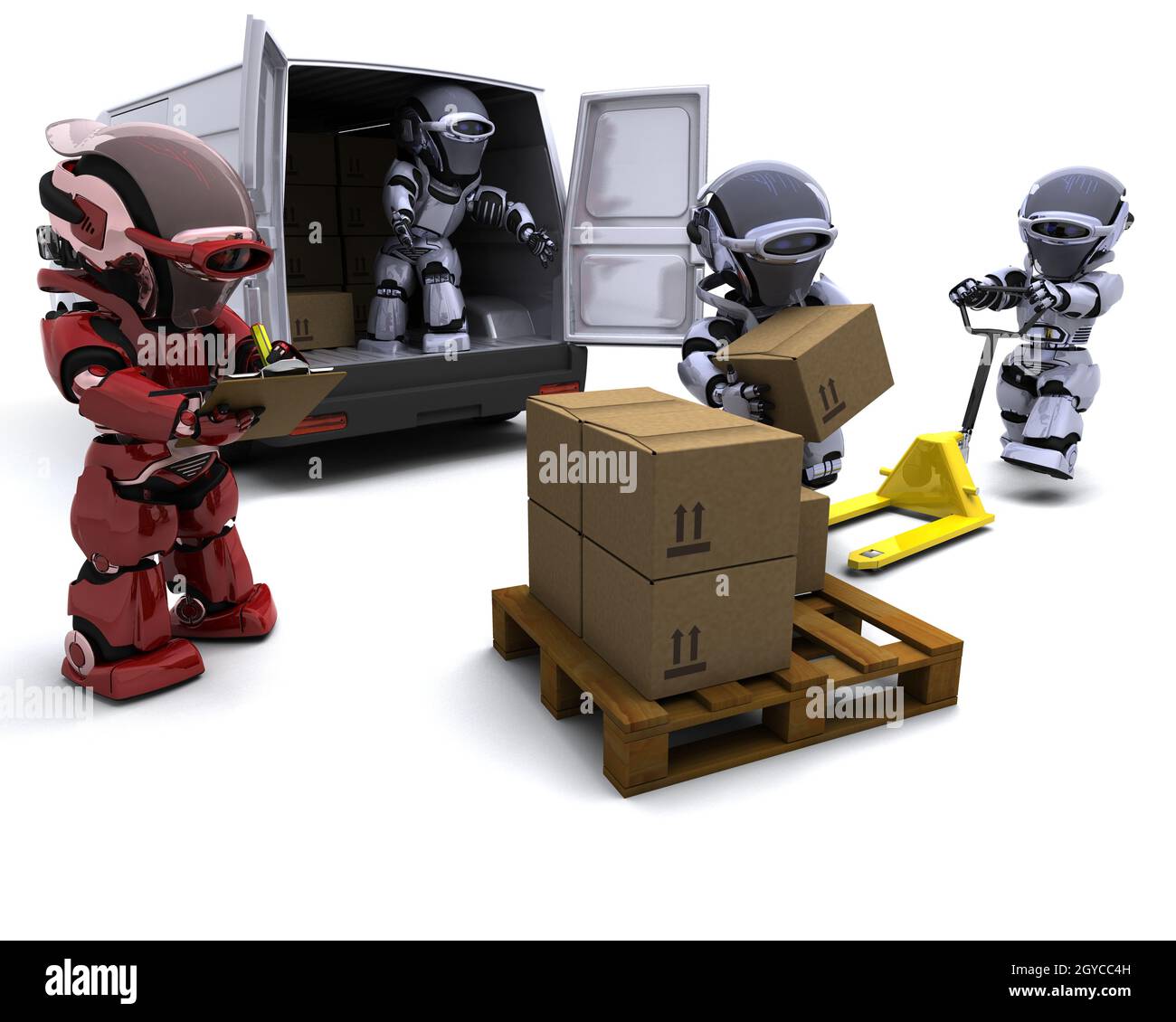 3D render of Robot with Shipping Boxes loading a van Stock Photo - Alamy