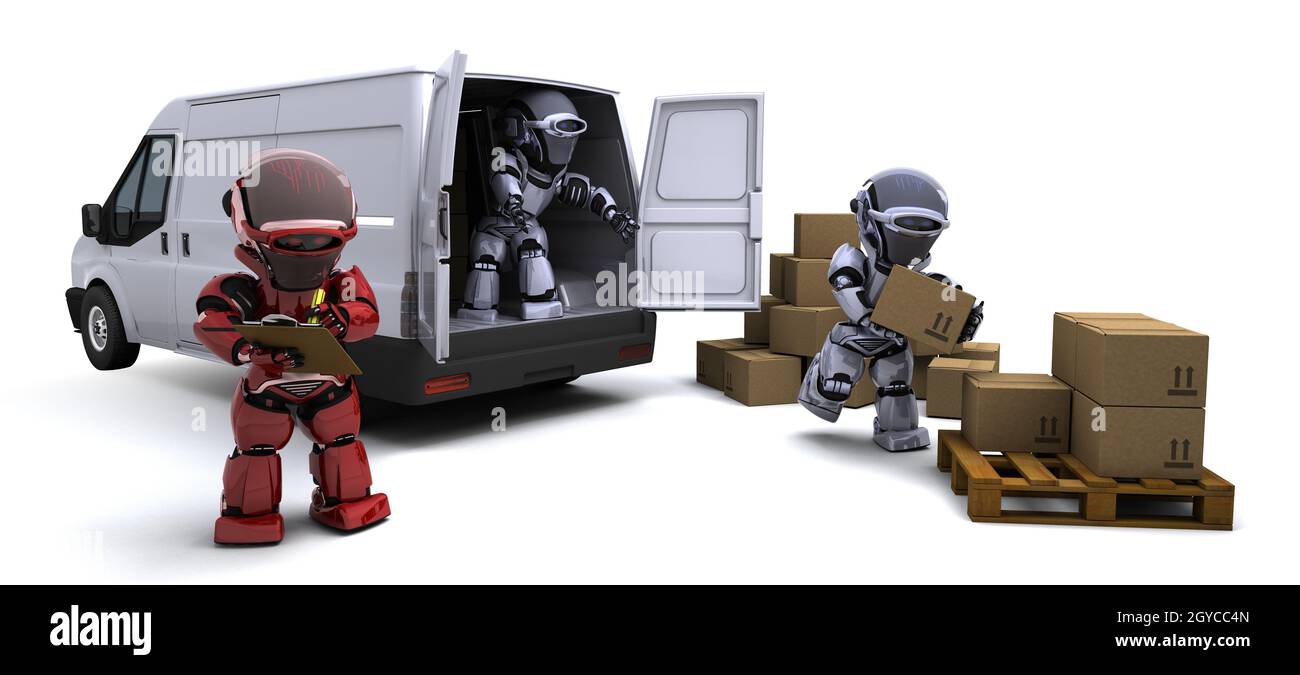 3D render of Robot with Shipping Boxes loading a van Stock Photo - Alamy