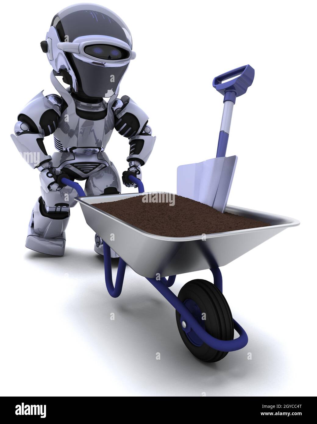 3D render of a robot gardener with a wheel barrow carrying soil Stock ...