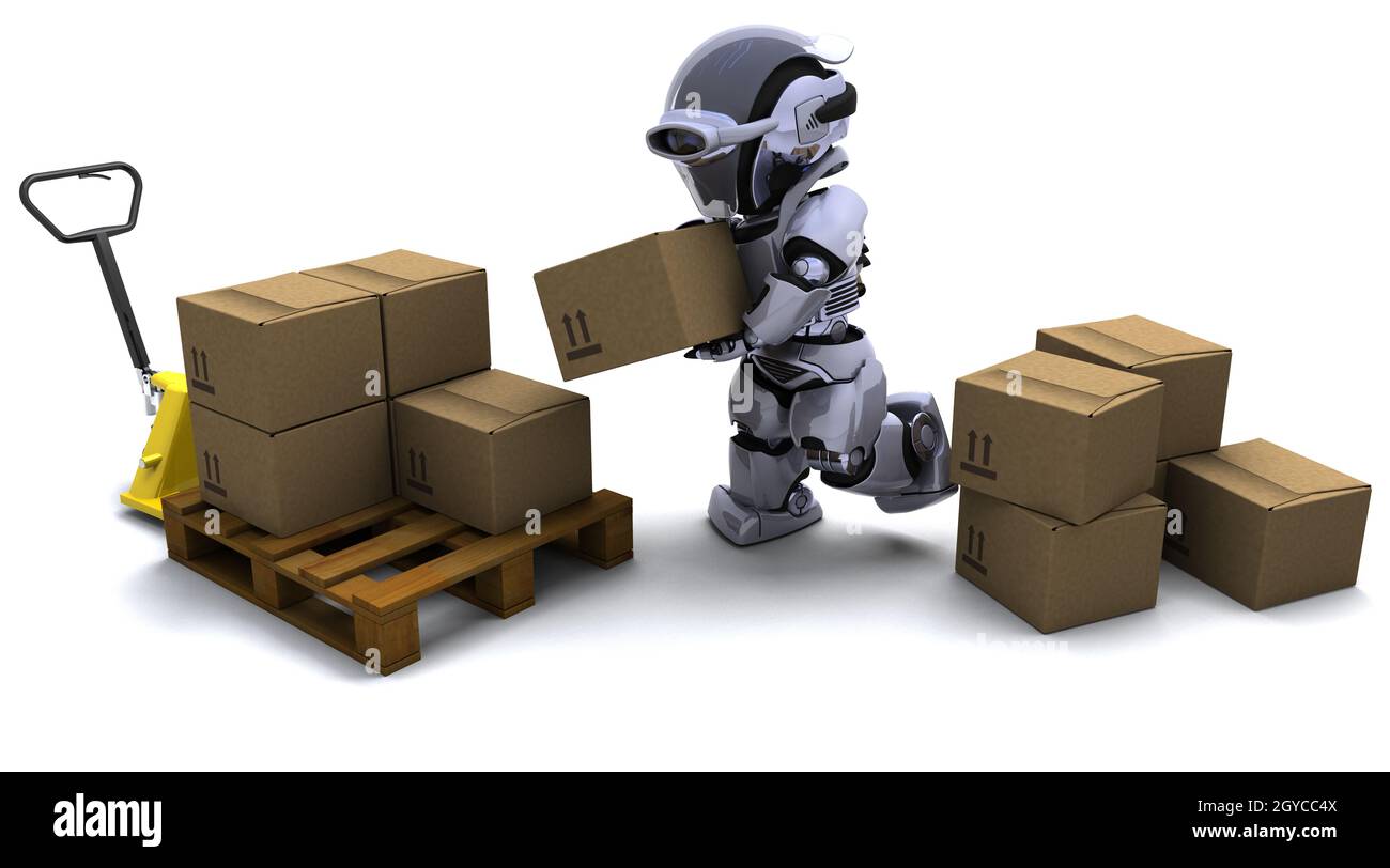 3D render of Robot with Shipping Boxes Stock Photo - Alamy