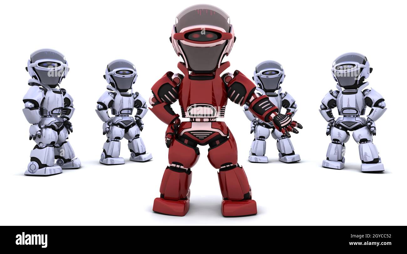 3D render of a red robot leading a team Stock Photo - Alamy
