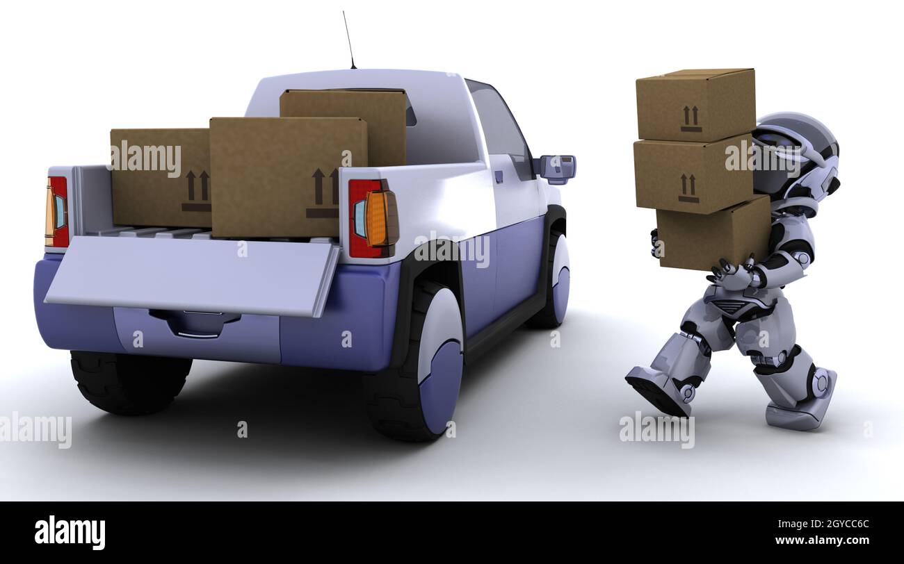 3D render of robot loading boxes into the back of a truck Stock Photo ...