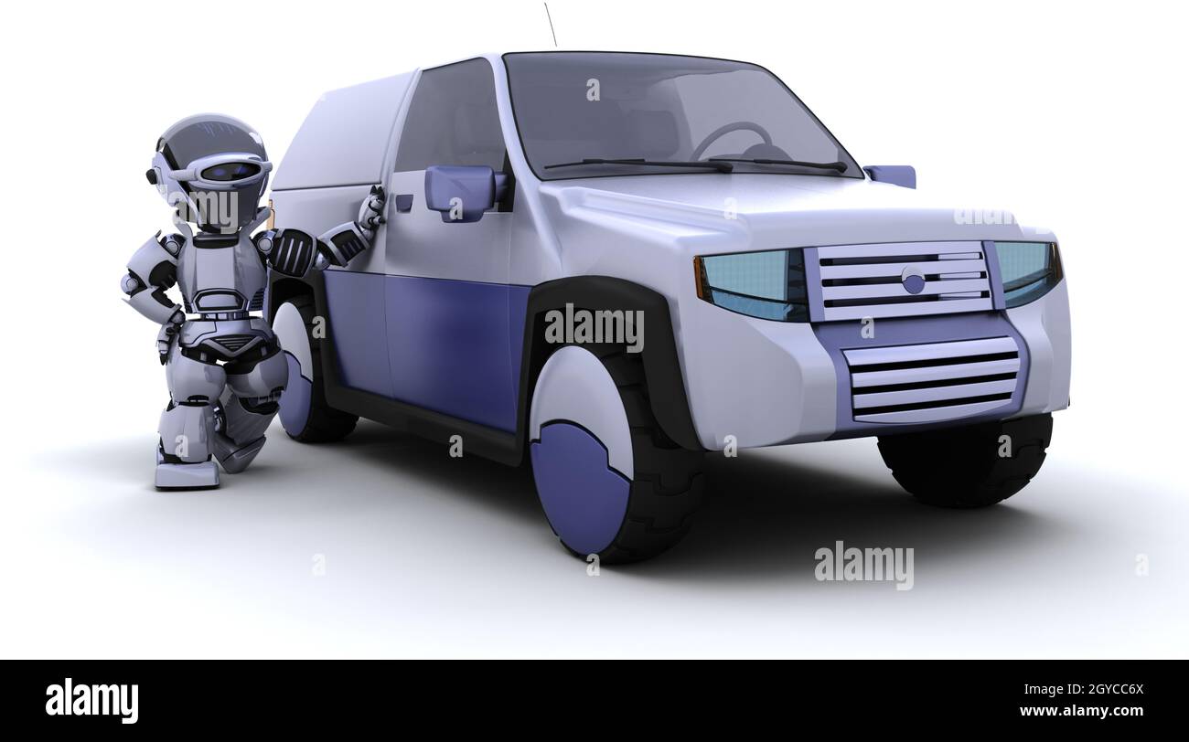 3D render of robot with SUV concept car Stock Photo - Alamy