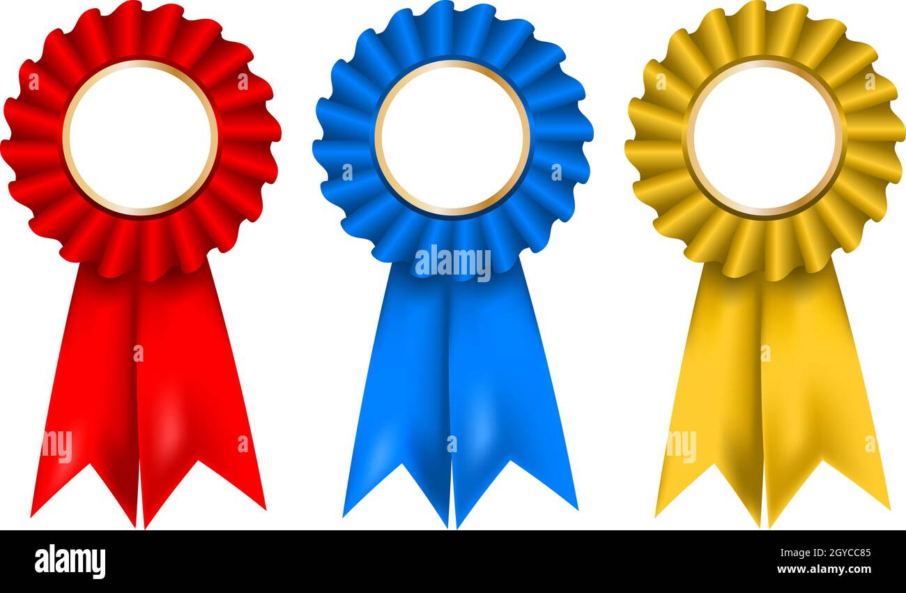 A collection of red, blue and gold rosettes Stock Photo - Alamy
