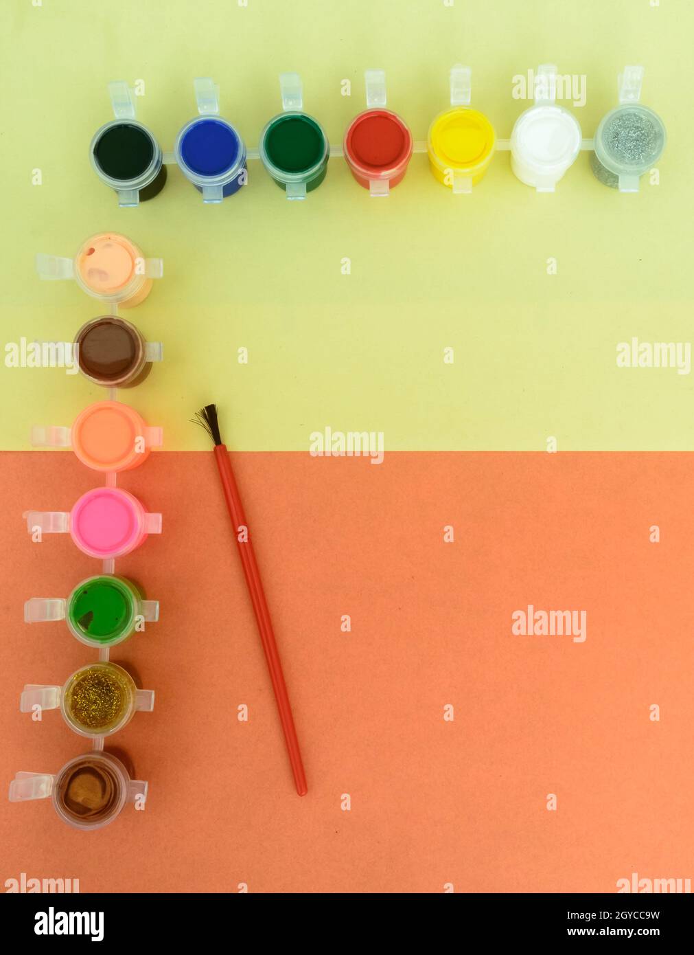 Colors art background. Watercolor paints and paintbrush. knolling ...