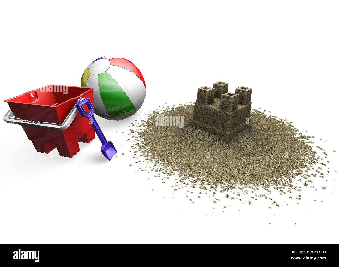 3D render of a sandcastle, beach ball, bucket and spade Stock Photo - Alamy